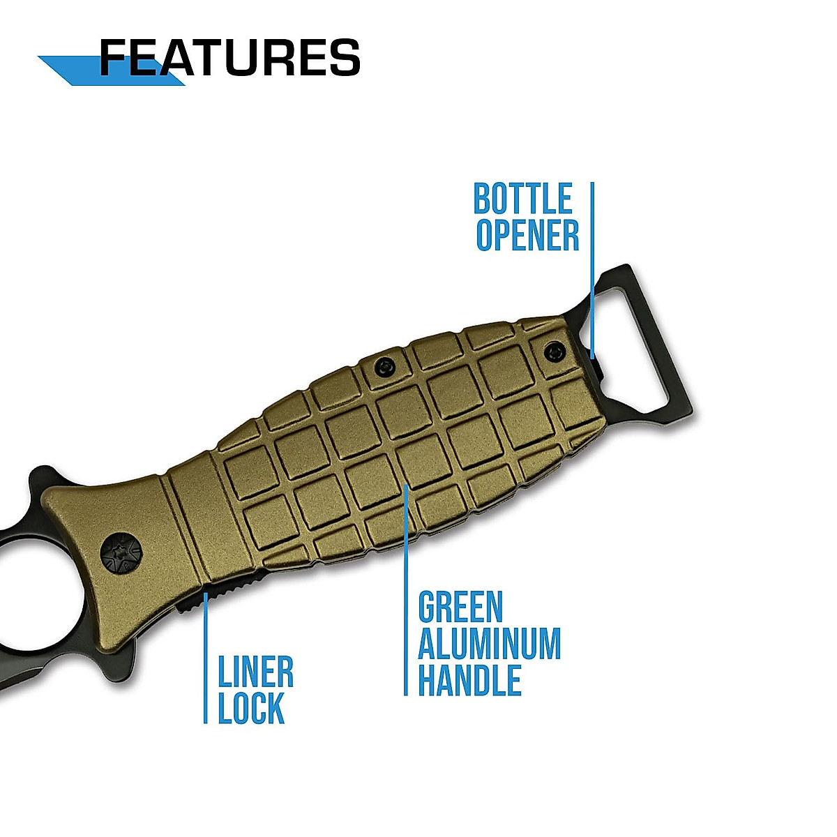 MTECH USA – Spring Assisted Folding Knife – Black Stainless Steel Blade, Green Aluminum Grenade Style Handle w/Bottle Opener and Pocket Clip, Tactical, EDC, Self Defense- MT-A588GN