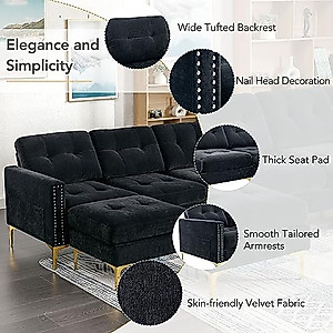 110" U-Shaped Sectional Sofa with Reversible Chaise and Movable Ottoman, 5-Seater Convertible Corner Couch with Side Pockets and Nail Head, Modern Comfy Sofa for Home Office Apartment (Black-021)