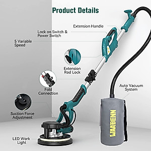 Drywall Sander, WAABENN Foldable Retractable Wall Sander 750W, 800-1750rpm speed, 6 Adjustable Speeds, 12pcs Sandpaper, LED Light with Automatic Vacuum System
