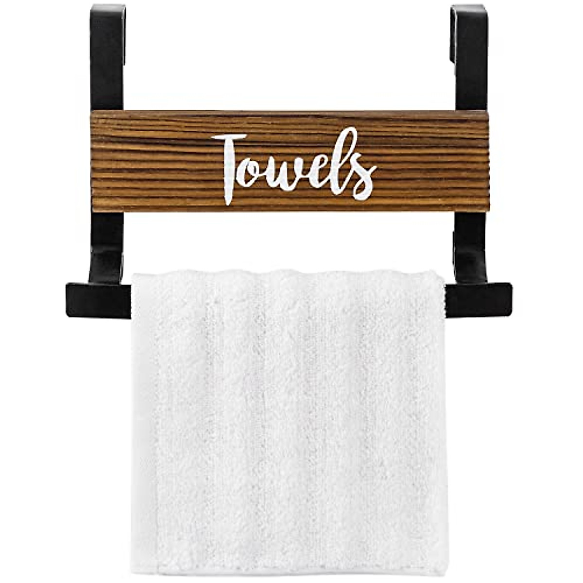MyGift Black Metal Over The Cabinet Kitchen Towel Holder Dishrag Drying Rack with Rustic Solid Burnt Wood White Cursive Towels Design Sign