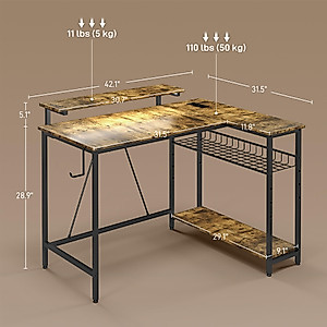 HOMCOM 42" L Shaped Desk with LED Lights, Power Outlet, USB Charging Ports, Reversible L Shaped Computer Desk with Storage Shelves, Monitor Stand, Corner Gaming Desk for Home Office, Rustic Brown