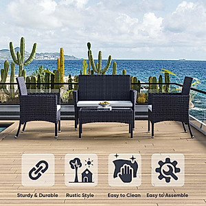 XZHQHB Patio Furniture Set of 4 Wicker Conversation Set with Soft Cushion Sofa Set Porch Outdoor PE Rattan Garden Chairs Sets with Tempered Glass Top Coffee Table, Black and Beige