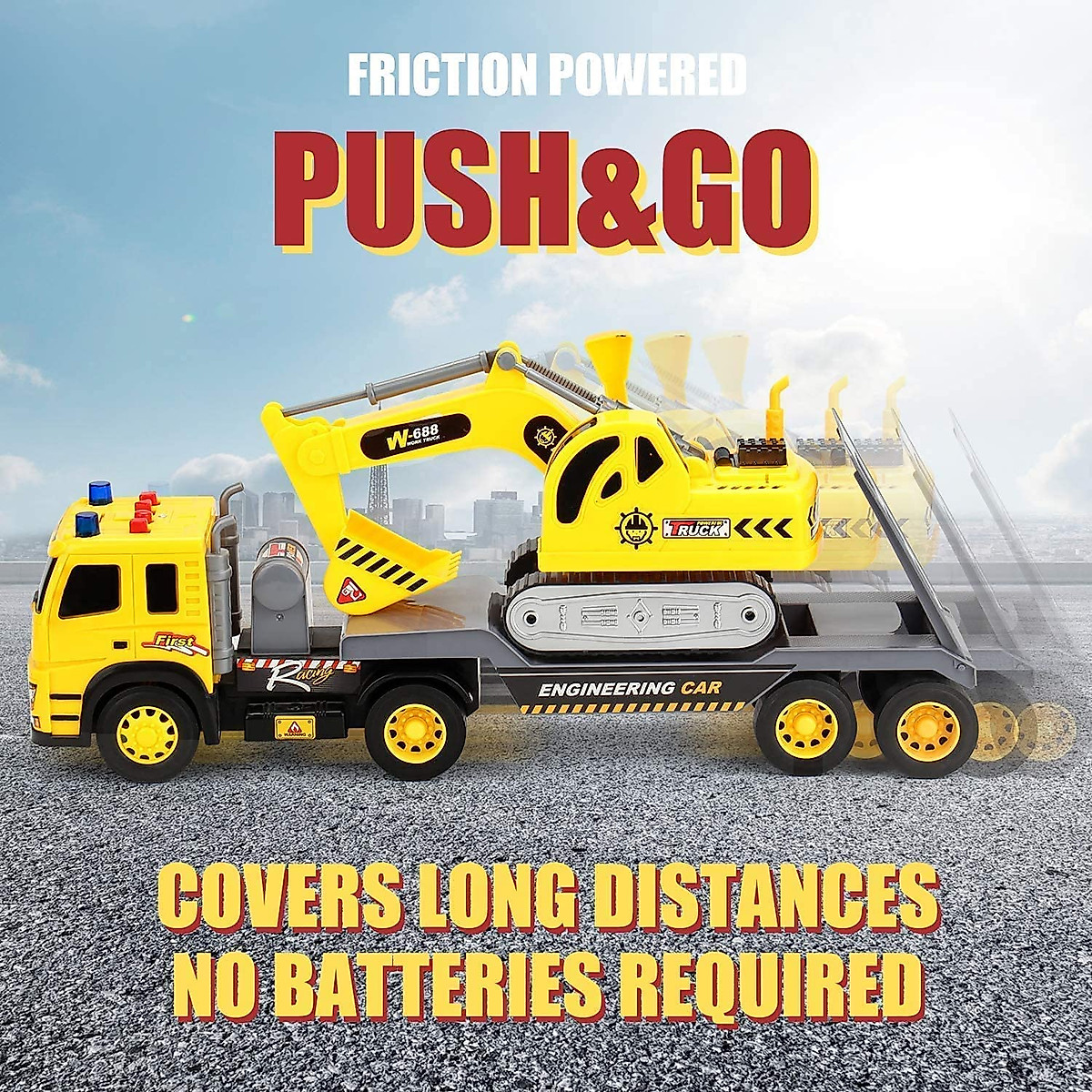 MOBIUS Toys 4-in-1 Construction Vehicle Bundle - 1:12 Scale Dump Truck, Flatbed and 2 Excavators with Lights and Sounds, Push and Go Realistic Big Truck Toy, Construction Vehicle Excavator Toy