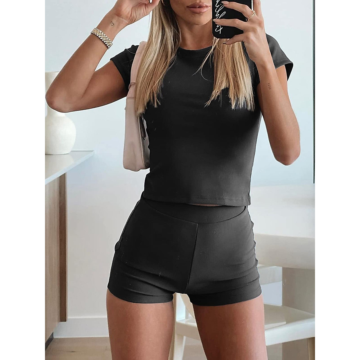 Dassdill Workout Sets for Women 2 Piece Outfits Ribbed Sports Bra Crop Tank High Waist Yoga Shorts Leggings Exercise Set