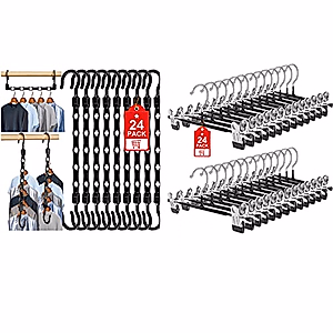 24 Pack Magic Hangers Space Saving + 24 Pack Pants Hangers with Clips Adjustable Skirt Hangers for Women Closet Organizer College Dorm Room Essentials