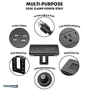 Kable Kontrol Desk Clamp Power Strip with 4 USB Ports, Desk Edge Power Charging Station, 3 Power Outlets, Fast Charger, Easy Installation for Home, Offices, Hotels – 4.9 Ft, Black