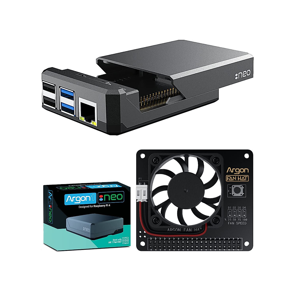 Argon NEO Case with Cooling Fan HAT for Raspberry Pi 4 | Supports Camera, and LCD Display | GPIO and PoE Pins are Accessible