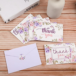 60 Pieces Butterfly Floral Baby Shower Thank You Cards,Purple Thank You Cards Includes 30 Pieces Envelopes and 30 Pieces Blank Butterfly Cards with Stickers for Wedding Baby Shower Graduation Bridal