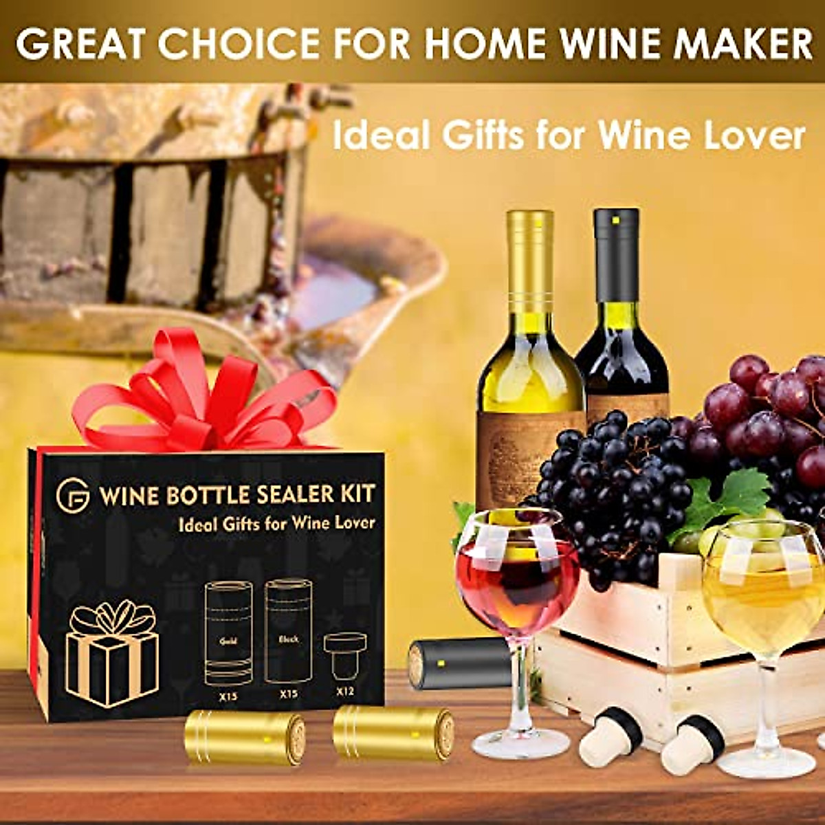 GUANFU Wine Bottle Sealer Kits - 12 Wine Bottle Cork w/Metal Top 30 Seals Heat Shrink Wrap Caps w/Tear Tab Plastic Shrink Capsules Tasting Corks Cruise Essentials for Alcohol Bottles Homemade Crafts