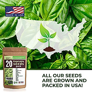 20 Vegetable Seeds Variety - USA Grown for Indoor or Outdoor Garden - Heirloom and Non GMO - Tomatoes, Zucchini, Peppers, Eggplant, Carrot, Cauliflower, Pumpkin, Celery, Radish and More