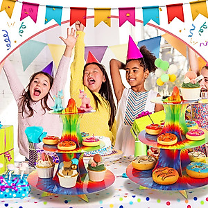 2 Pieces 3 Tier Tie Dye Round Cardboard Cupcake Stand for 24 Cupcakes Rainbow Cake Stand Dessert Tower Pastry Serving Platter Food Display for Birthday Party Table Supplies