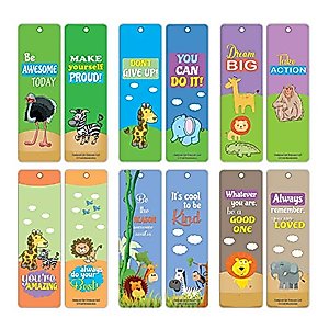 Creanoso Safari Animals Motivational Bookmark Cards (12-Pack) – Premium Quality Set – Inspiring Inspirational Words for Boys, Girls, Kids – Six Assorted Bookmarks Designs Pack