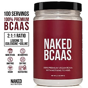 Naked BCAAs Amino Acids Powder, Only 1 Ingredient, 100% Pure 2:1:1 Formula, Vegan Unflavored Branched Chain Amino Acids, Instantized All Natural BCAA Powder Supplement - 500 Grams, 100 Servings