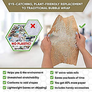 ecoducer 15”x164’ Honeycomb Packing Paper Moving Supplies with 48 Fragile Stickers &100 ft Jute Twine. Eco Friendly Bubble Cushioning Wrap Packing Material. Biodegradable Shipping Supplies.