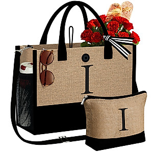 YOOLIFE Initial Jute Tote Bag Gifts for Her - Graduation Gift Beach Tote Bags for Women Teacher Gifts Birthday Wedding Bridesmaid Proposal Gifts Personalized Gifts for Women Friends Gifts Monogram I
