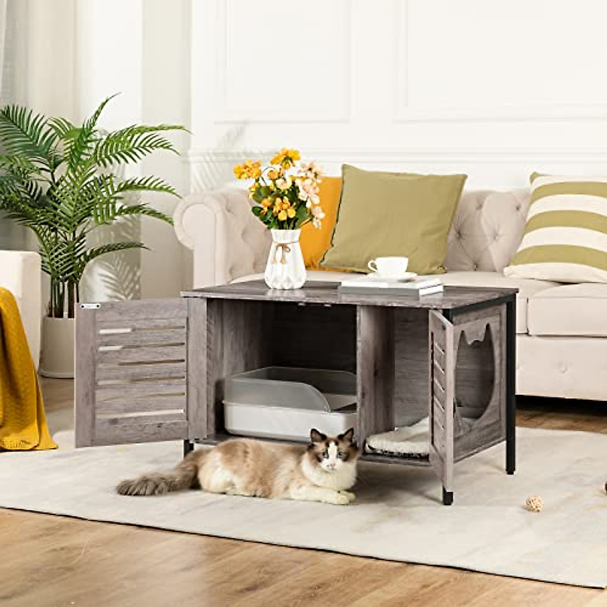 HOOBRO Cat Litter Box Enclosure, Hidden Litter Box Furniture with Shutter Door and Cat Head Mat, Cat Entrance Can Be on Left or Right, Cat Washroom Fit Most of Litter Box, Greige BG06MW01