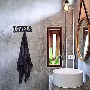 Black Wood Towel Hooks for Bathroom Decorative Cutout Word Sign Wall Decor, Wall Mounted Towel Rack Hanger Hanging Word Sign with 4 Hanging Hooks