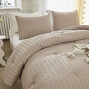 Litanika Full Size Comforter Set Khaki, 3 Pieces Lightweight Seersucker Bedding Comforters Sets, Soft Bed Set (79x90In Comforter & 2 Pillowcases)