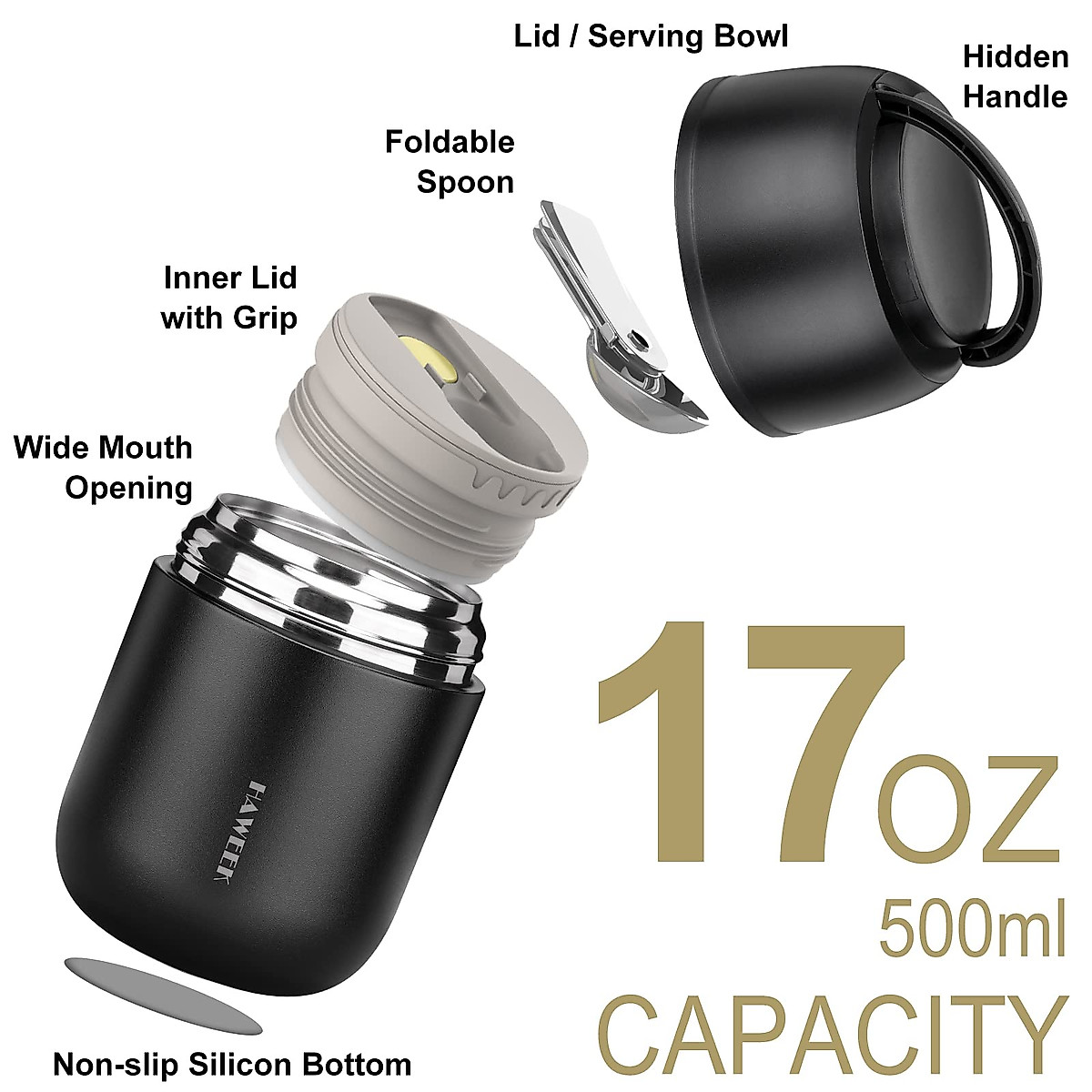 HAWEEK Insulated Food Container 17 oz Soup Thermo for Hot Food Kids Adults, Stainless Steel Vacuum Lunch Box with Folding Spoon, Adult Kids Thermo Portable with Handle for School, Office, Outdoor