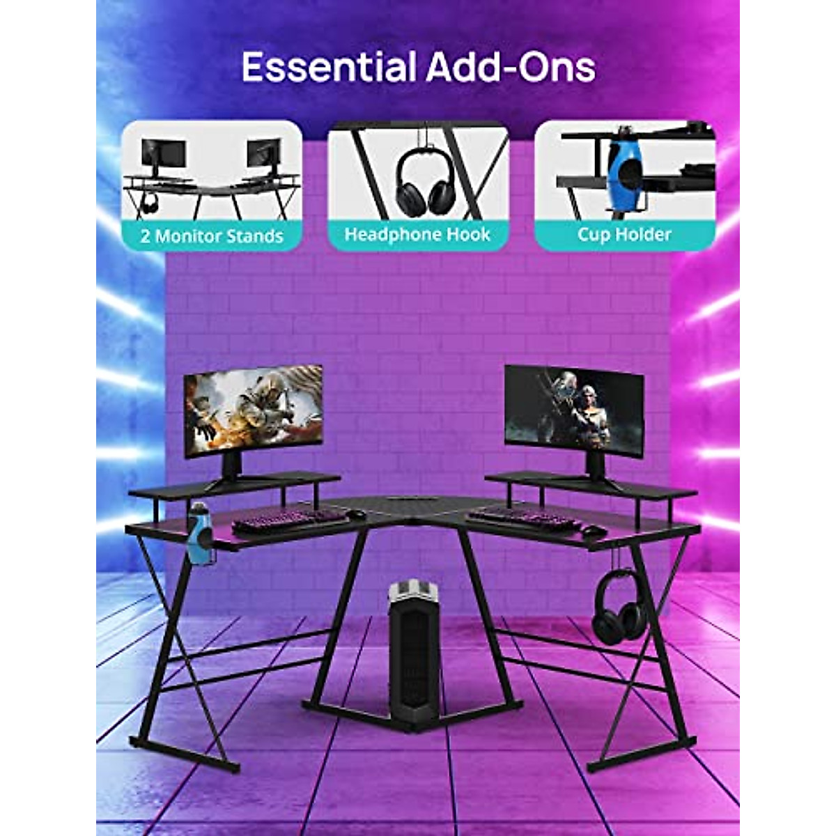 Evajoy Gaming Desk, L Shaped Computer Corner Desk, 53" Ergonomic Gaming Table with Monitor Stands, PC Desk with LED Strips and Power Outlets, Carbon Fiber Surface with Cup Holder, Headphone Hook