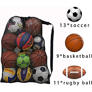 Heavy Duty Sports Ball Bag,Drawstring Mesh Ball Bags Extra Large Soccer Ball Bag Work for Coach, Basketball,Football, Volleyball,BaseBall and Swimming Gears with Adjustable Strap (Black)