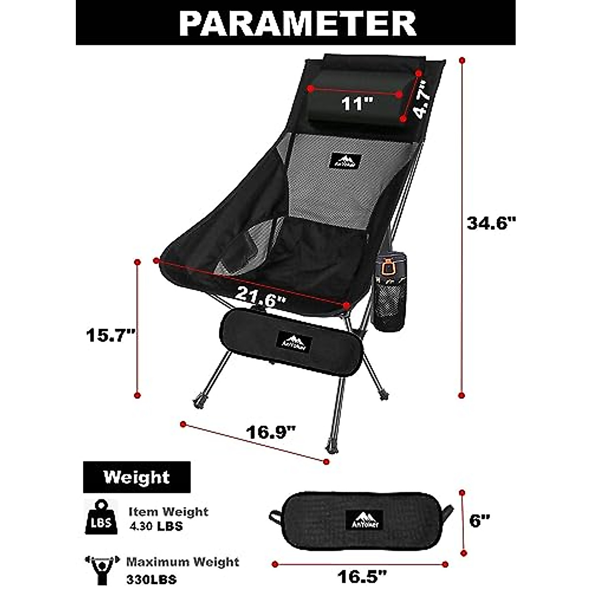 AnYoker Camping Chair, High-Back Compact Backpacking Chair, Portable Folding Chair, Beach Chair with Side Pocket and headrest, Lightweight Hiking Chair 0066 (Black)