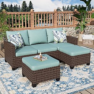 MIXPATIO 3 Pieces Wicker Patio Furniture Set, Rattan Outdoor Conversation Set with 3-Seater Sofa, 2 Pieces Ottomans, Blue