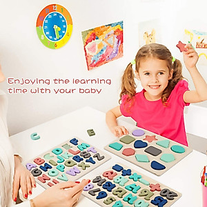 Wooden Puzzles for Toddlers, LENNYSTONE Alphabet Number Shape Puzzles Toddler Preschool Education Learning Toys for Kids Age 3 4 5 Year olds