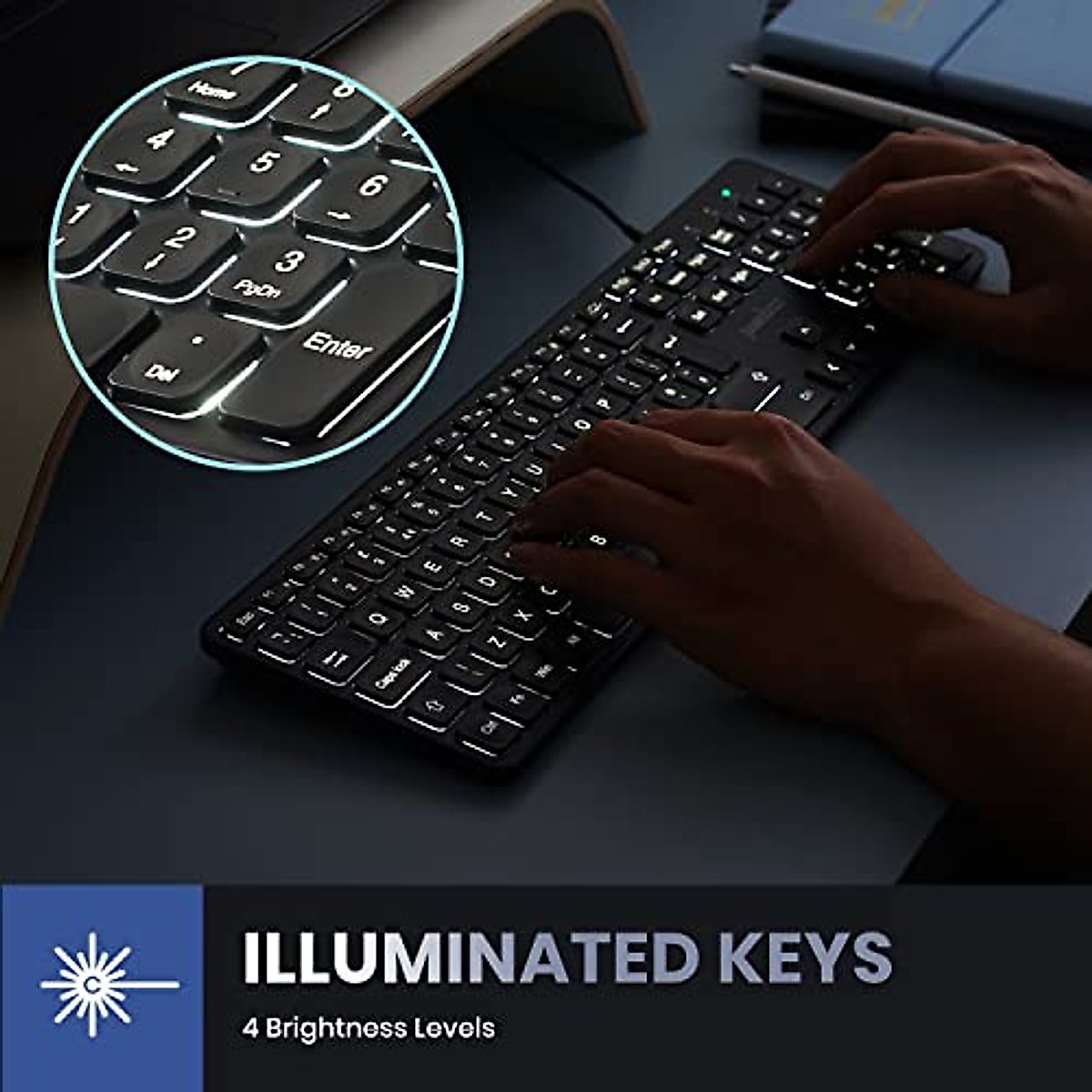Perixx PERIBOARD-331 Wired Backlit USB Keyboard, Slim Design with Big Font Keys, White Illuminated LED, US English Layout