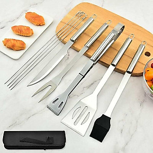 Dusted Lightweight Stainless Steel 6 Piece Travel Grill Utility Set - Spatula, Tongs, Fork, Brush, Knife, Skewers, Canvas Bag, Perfect for Grilling at Home Or On The Go