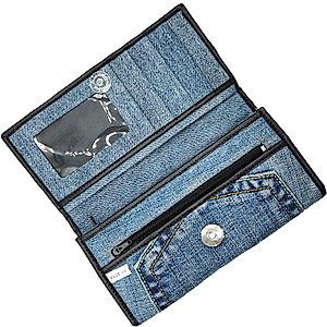 Bijoux de Ja Upcycling Blue Denim Versatile Decorated Flap Cover Pocket Money Long Wallet Purse Clutch for Women (RANDOM)
