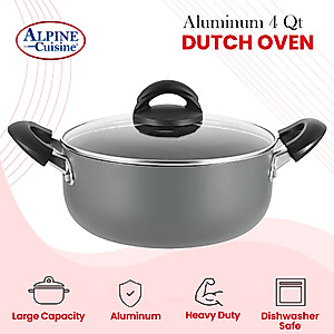 Alpine Cuisine Aluminum Nonstick Coating Dutch oven 4Qt Pot with Lid & Bakelite Handle, Suitable for Bread Baking & Roasting, Ideal for Family, Durable and Evenly Heated, Dishwasher Safe - Gray
