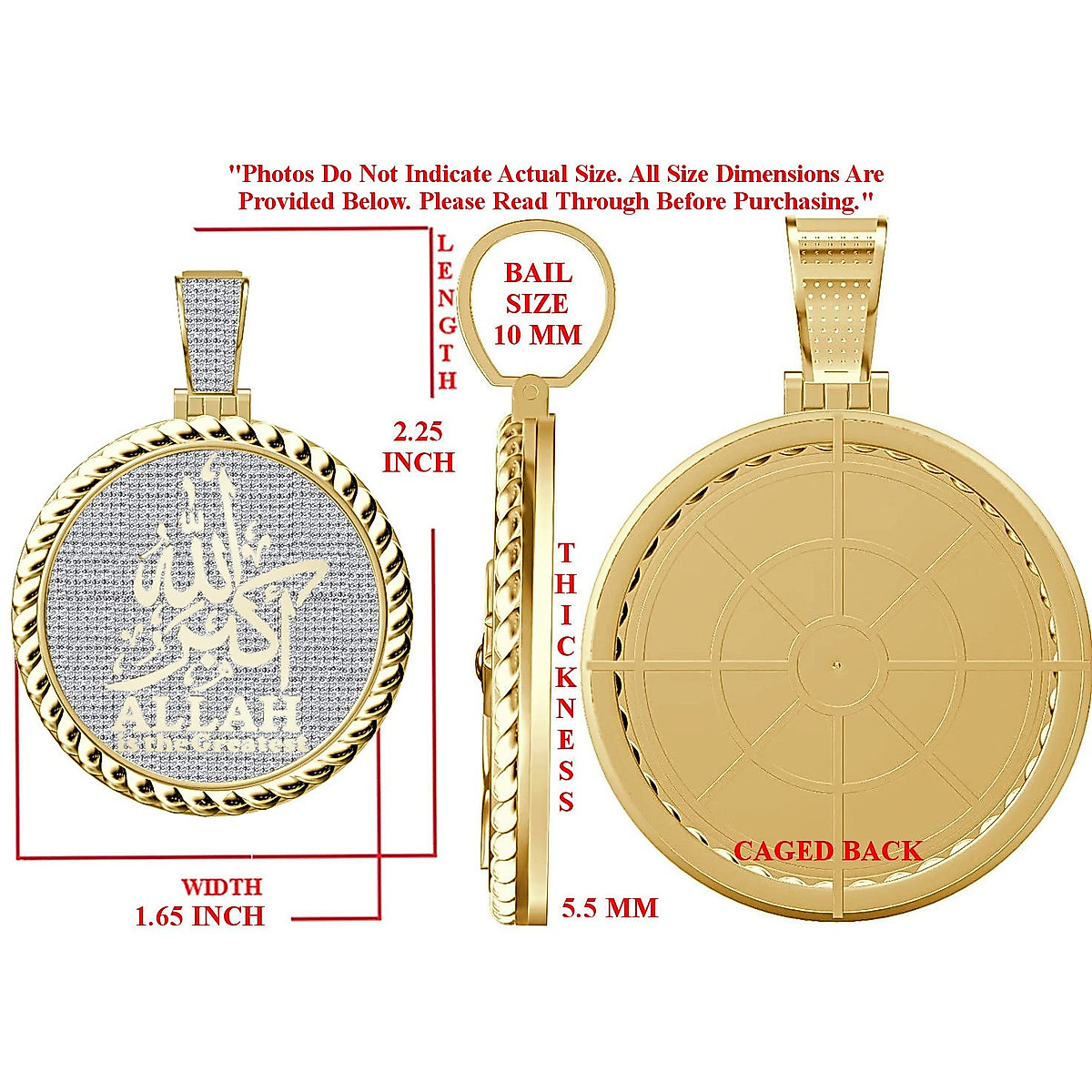 JewelBooth Real Genuine 2.00 Cwt. VVS1 MOISSANITE Diamond 25+ Grams Allahu Akbar Allah Is The Greatest Muslim Takbir Charm 10K Gold On Pendant 2.25'' (Yellow Gold Finish)