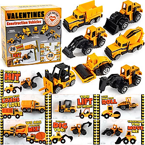 JOYIN 28 Pack Valentines Party Gift Cards with Mini Construction Vehicle Toy Set for Kids Valentine's Classroom Exchange Prizes Valentine Party Favor Toys Including Dump Truck, Excavator and More