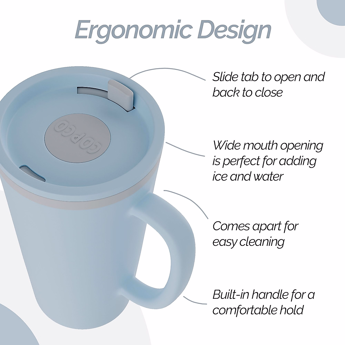 Copco Cone 16oz Insulated Travel Mug with Handle, Double Wall, Slide-Closure Lid, BPA-Free, Microwave & Dishwasher Safe, Reusable Plastic Travel Coffee Tumbler - Portable Coffee Cup (Light Blue)