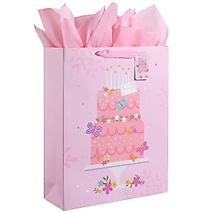 SUNCOLOR 16" Extra Large Gift Bag with Tissue Paper for Girls (Happy Birthday Cake)