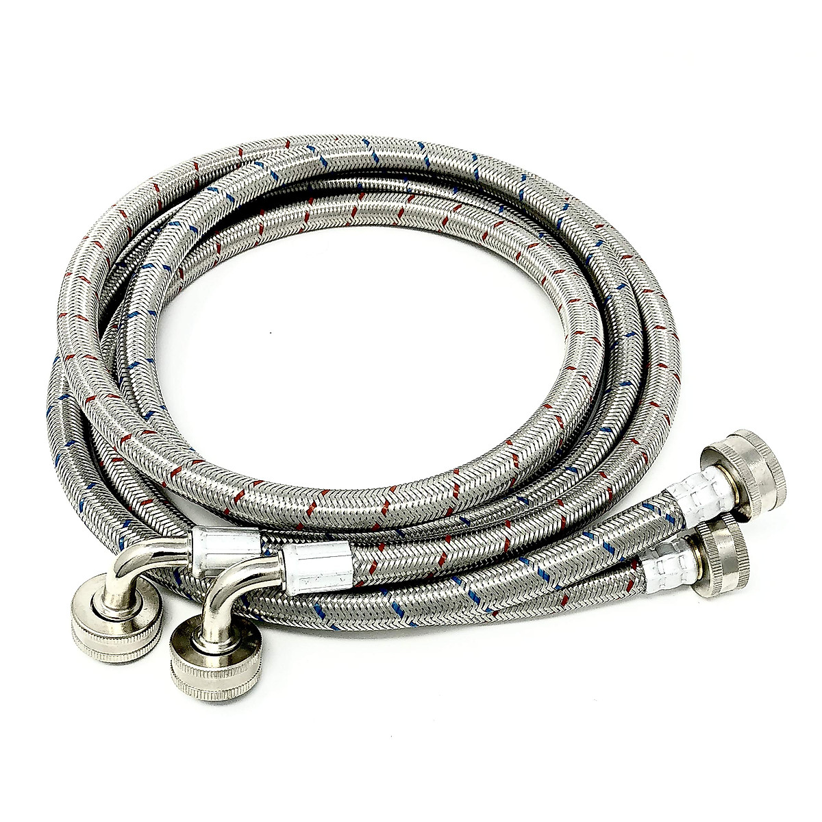 2-Pack Premium Stainless Steel Washing Machine Hoses - 6 FT No-Lead Burst Proof Red and Blue Lined Water Inlet Supply Lines - Universal 90 Degree Elbow Connection - 10 Year Warranty