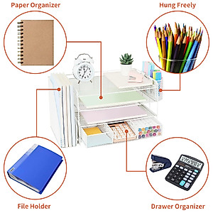 ORDROLL Desk Paper Organizers and Accessories - 4-Tier Paper Letter Tray Organizer with File Holder,Drawer and 2 Pen Holders,Desk Accessories & Workspace Organizers for Office,School,Home(White)