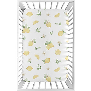 Sweet Jojo Designs Lemon Floral Girl Fitted Mini Crib Sheet Baby Nursery For Portable Crib Pack and Play Yellow Green Beige White Watercolor Boho Bohemian Farmhouse Fruit Flower Blossom Botanical Leaf