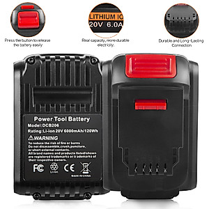 DCB206 20V 6000mAh Lithium Battery Replacement for DeWalt 20V MAX DCB204 DCB200 DCB206 DCB205-2 DCB201 DCB203 DCB181 DCB180 20V DCD/DCF/DCG/DCS Series Cordless Power Tools (2 Packs 6000mAh)
