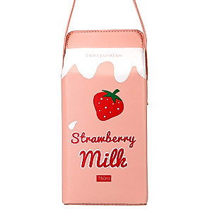 Ondeam Cute Strawberry Milk Box CrossBody Purse Bag,PU Phone Shoulder Wallet for Women Girl