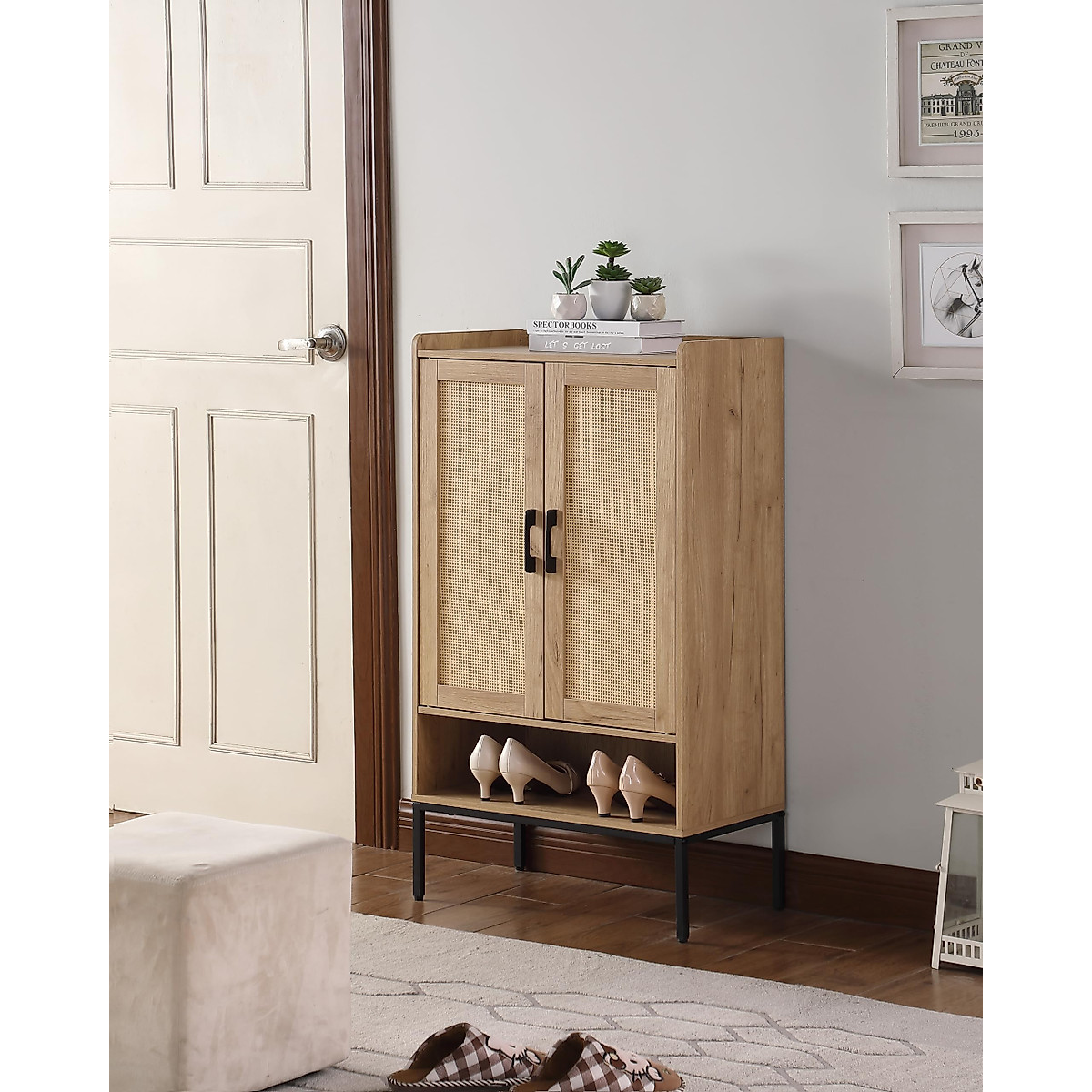 Kavonty Shoe Cabinet with Rattan Doors, 5-Tier Shoe Storage Cabinet with Open Shelves,Wooden Shoes Rack Organizer, for Entryway Hallway Closet Bedroom, Natural