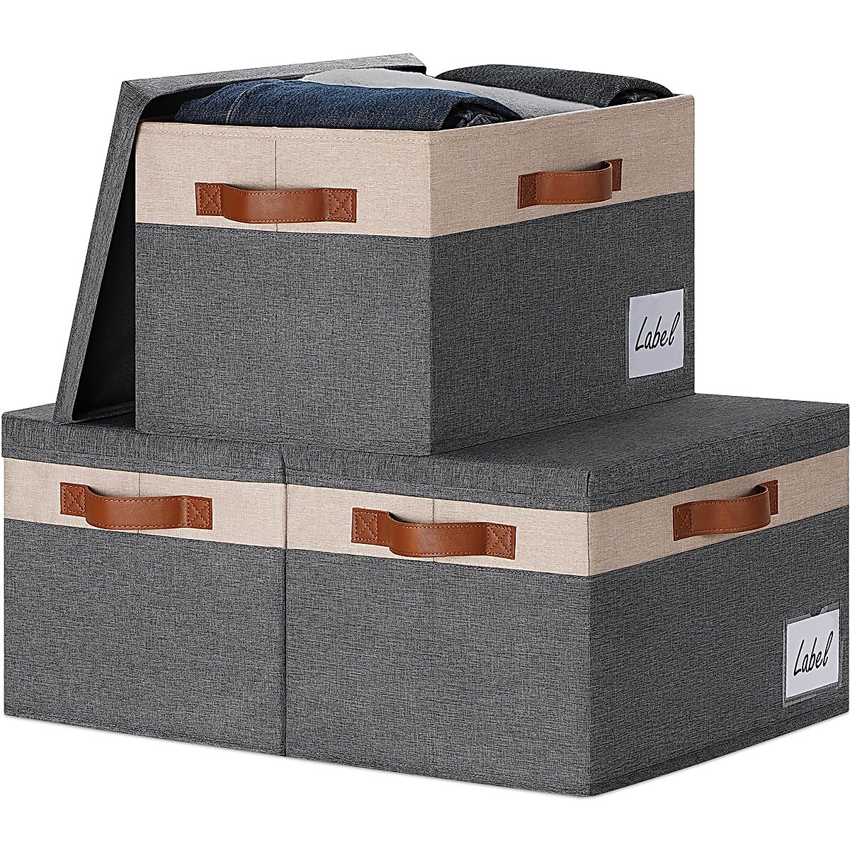 GhvyenntteS Large Storage Bins with Lids (3-Pack) Large Closet Storage Bin with Lid and 3 PU Handles, Foldable Storage Baskets for Shelves with Label Window for Home (Beige, 15" x 11" x 9.7")