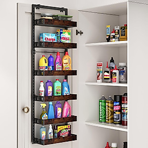 bukfen Over the Door Pantry Organizer, 6-Tier Adjustable Wooden Basket Kitchen Pantry Door Organization and Storage, Heavy-Duty Metal Hanging Kitchen Spice Rack,D6.3 x W17.71 x H50.60 inch,1 Pack