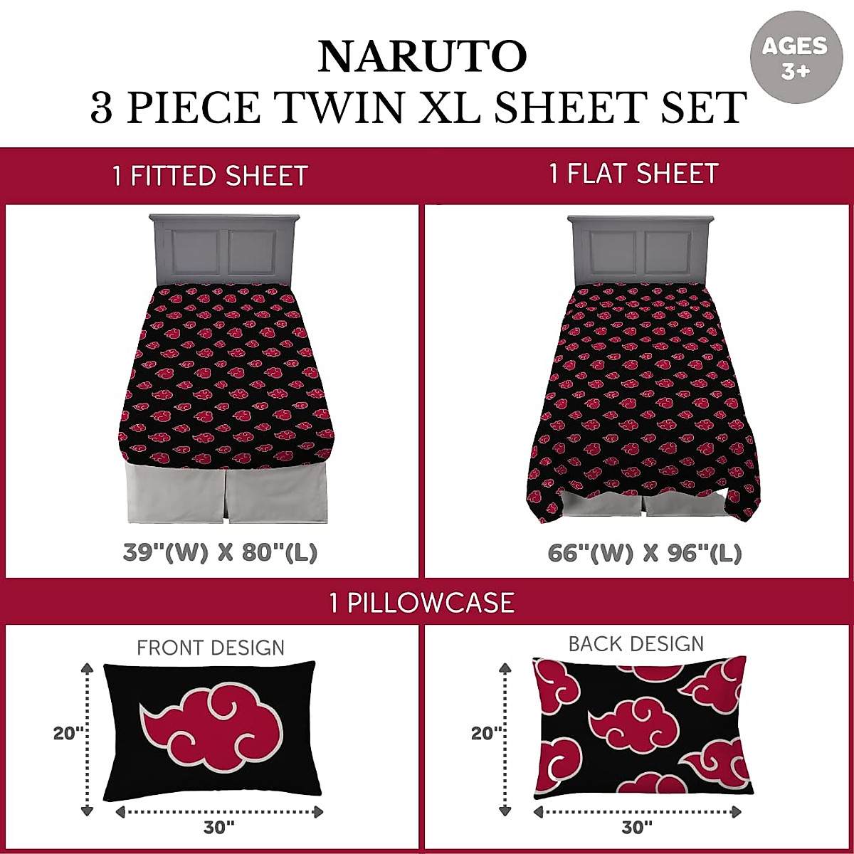 Franco Naruto Akatsuki Anime Bedding Super Soft Microfiber Twin XL Sheet Set, (Official Licensed Naruto Product)