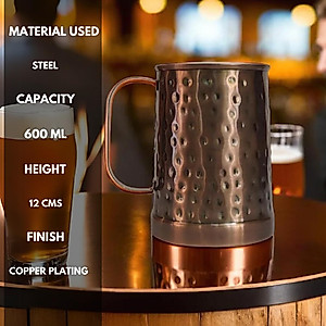 German Style Copper Finish Beer Stein Hammered - 100% Pure Heavy Gauge Steel Beer Mug 20 Oz
