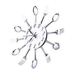 Kitchen Wall Decor, Stainless Steel Large 3D Mirror Modern Design Cutlery Kitchen Utensil Spoon Fork Wall Clock for Kitchen or Eating Area Decoration