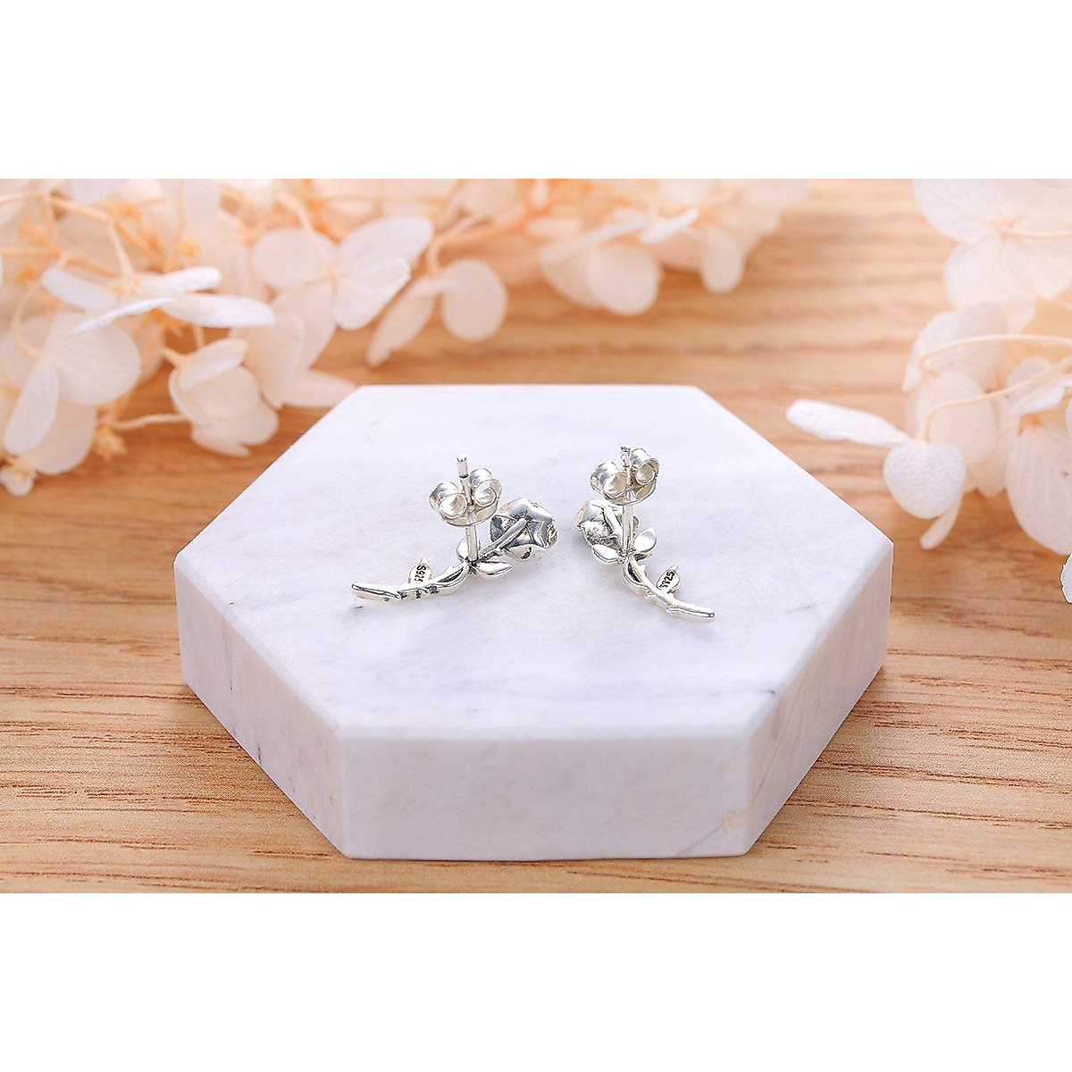 S925 Sterling Silver Rose Flower Clip Stud Ear Cuffs Crawler Climber Earrings for Women Teen