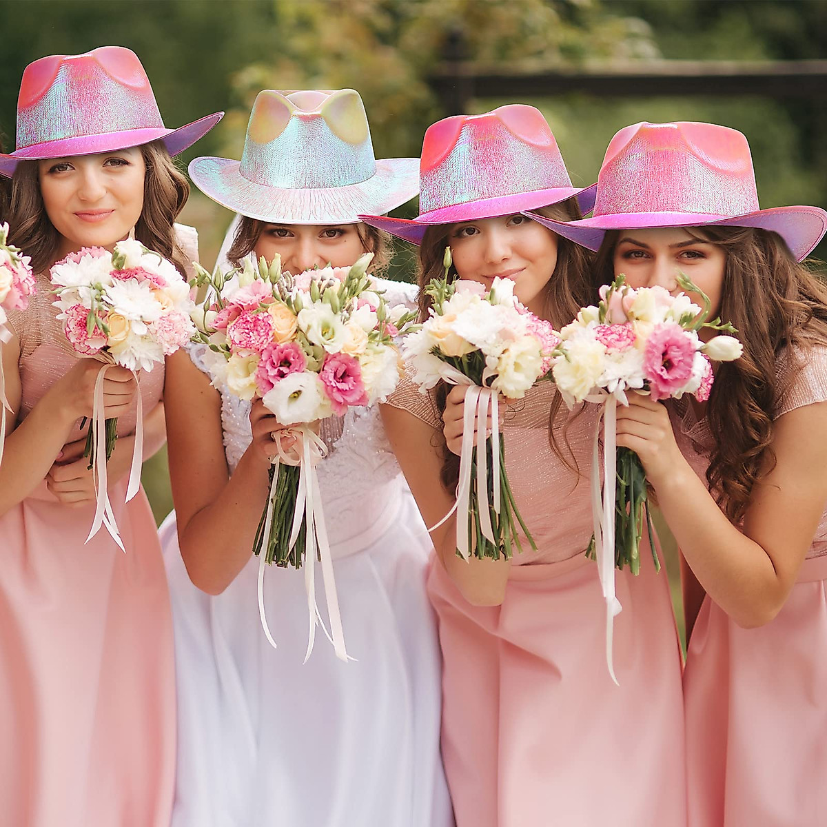 6 Pieces Glitter Cowgirl Hats Women Bride Hat Holographic Cowboy Hat Space Hats for Wedding Birthday Bachelorette Parties Favors (Beige and Pink)