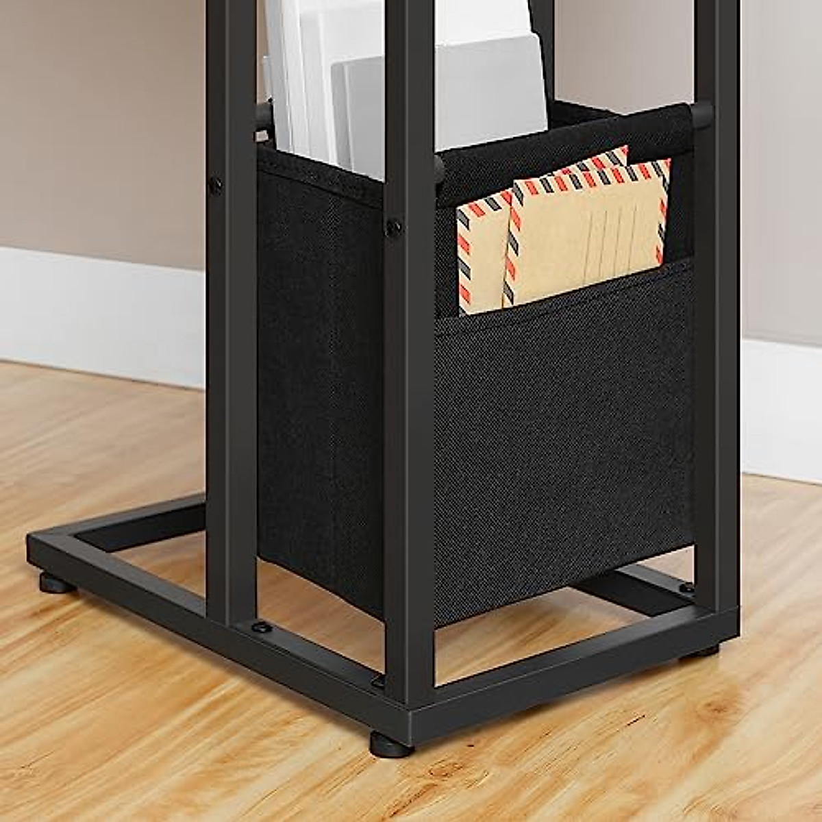 HOOBRO C Shaped Side Table with Charging Station, Foldable End Table with Fabric Bag, Sofa Table Coffee Table Snack Table for Couch Small Space Living Room, Bedroom, Greige and Black BG30USF01